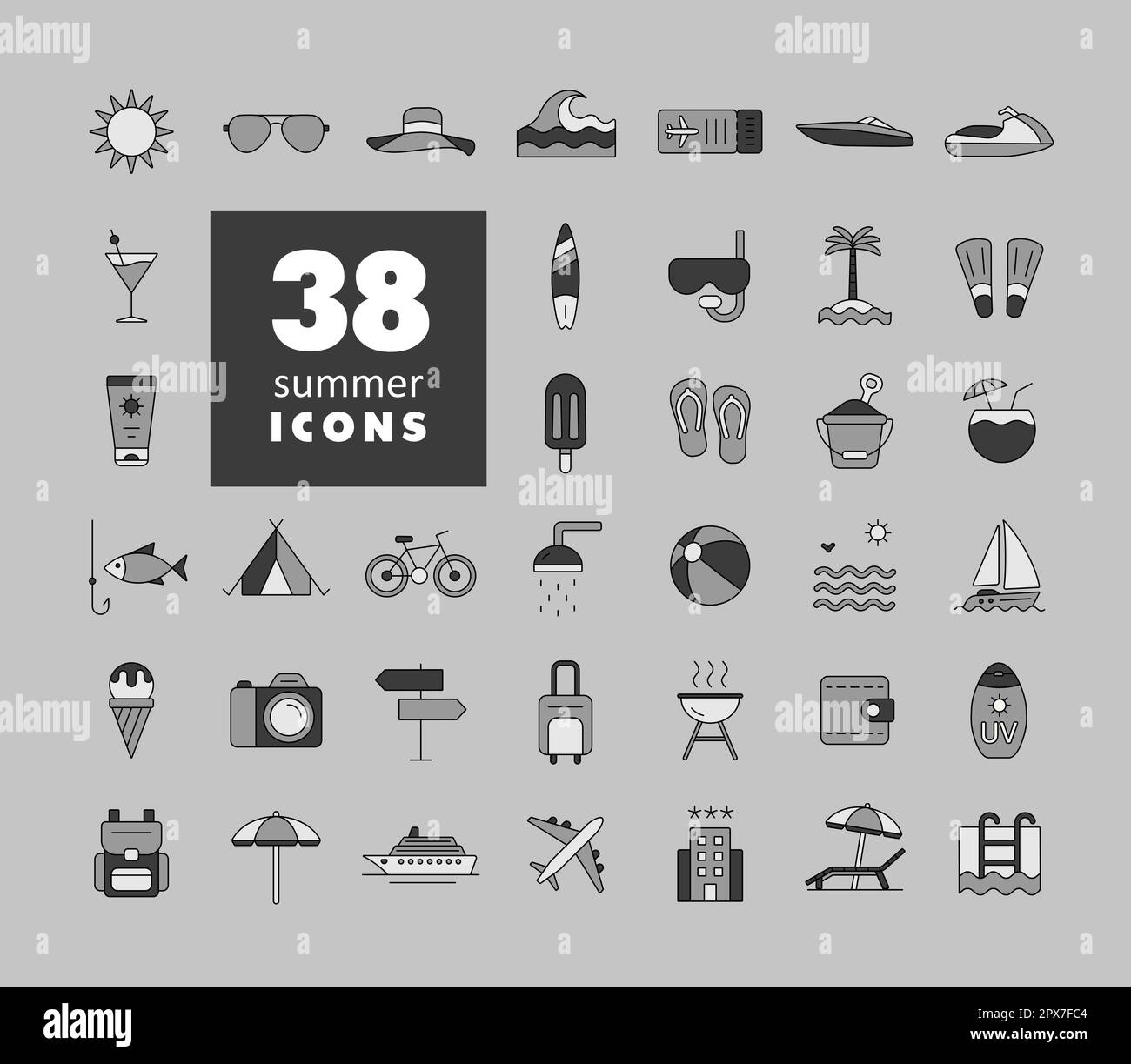 Summer vector grayscale icons set. Summertime sign. Graph symbol for ...