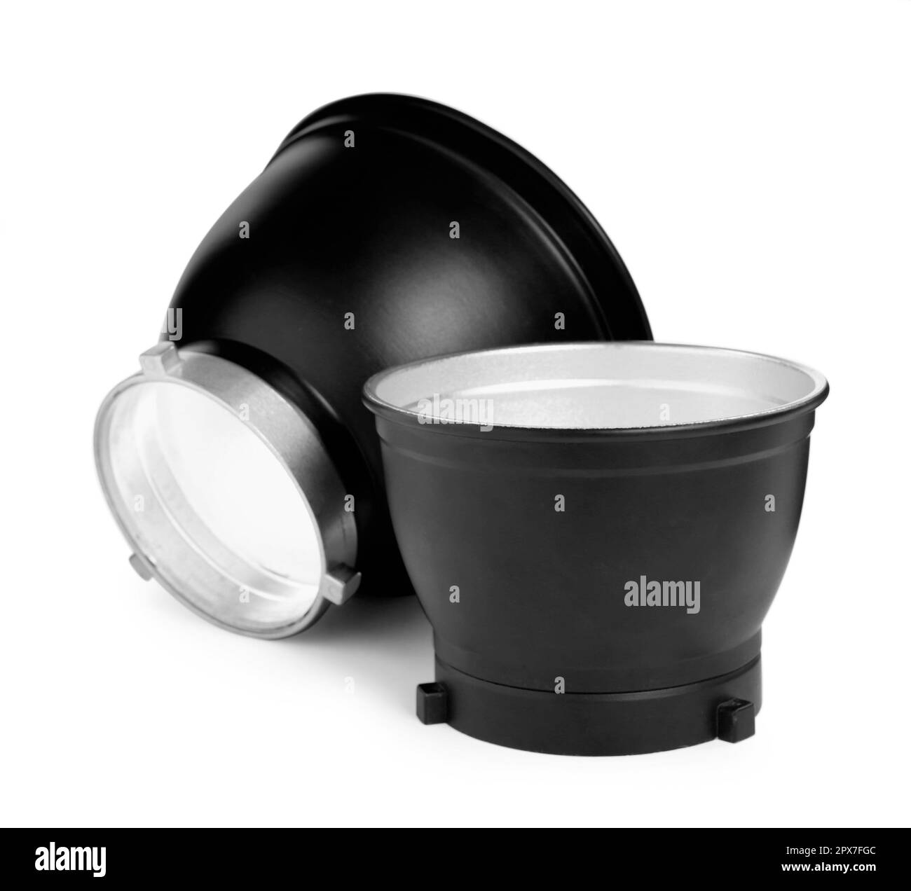 Studio flash lights reflectors on white background. Professional ...