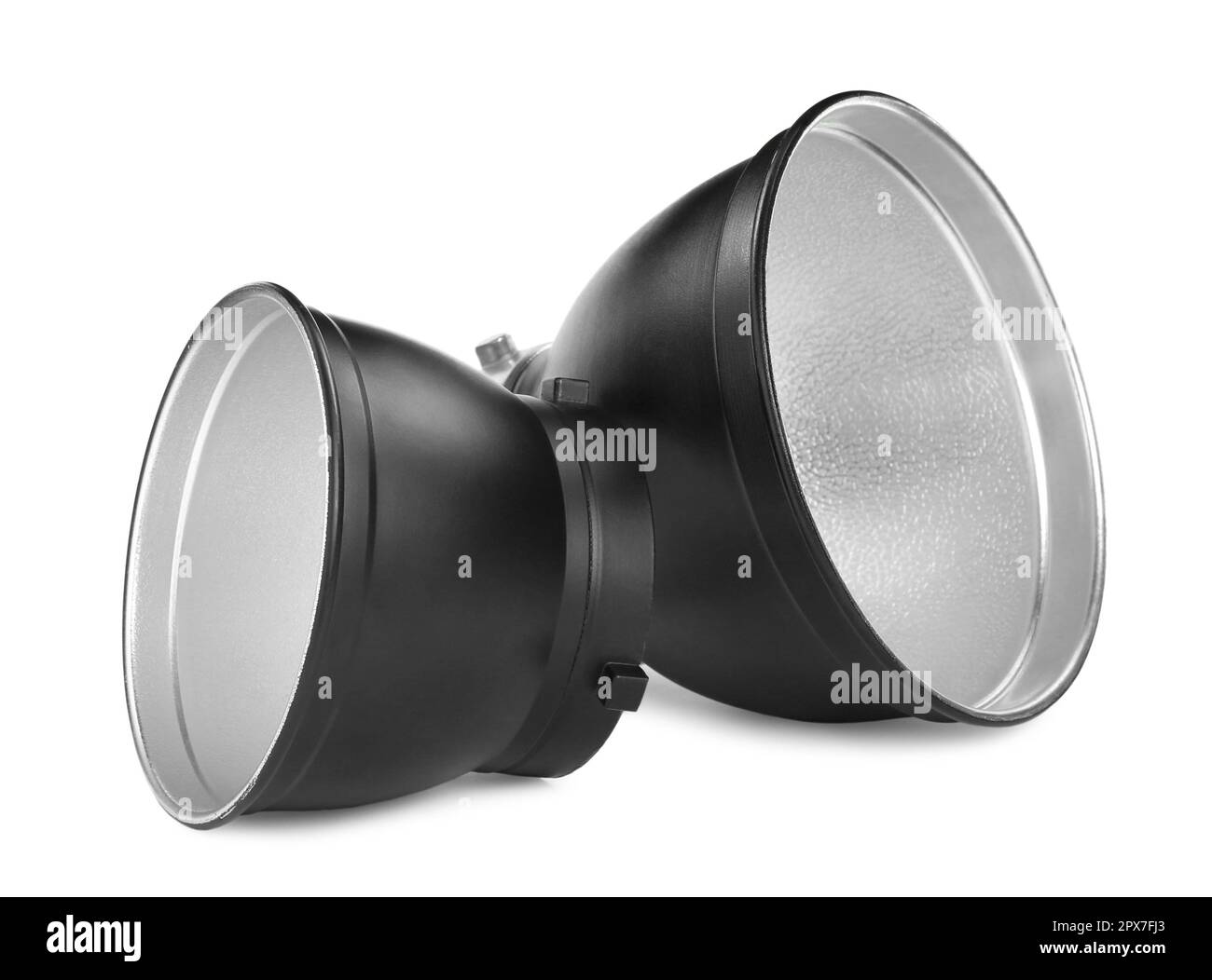 Studio flash lights reflectors on white background. Professional ...