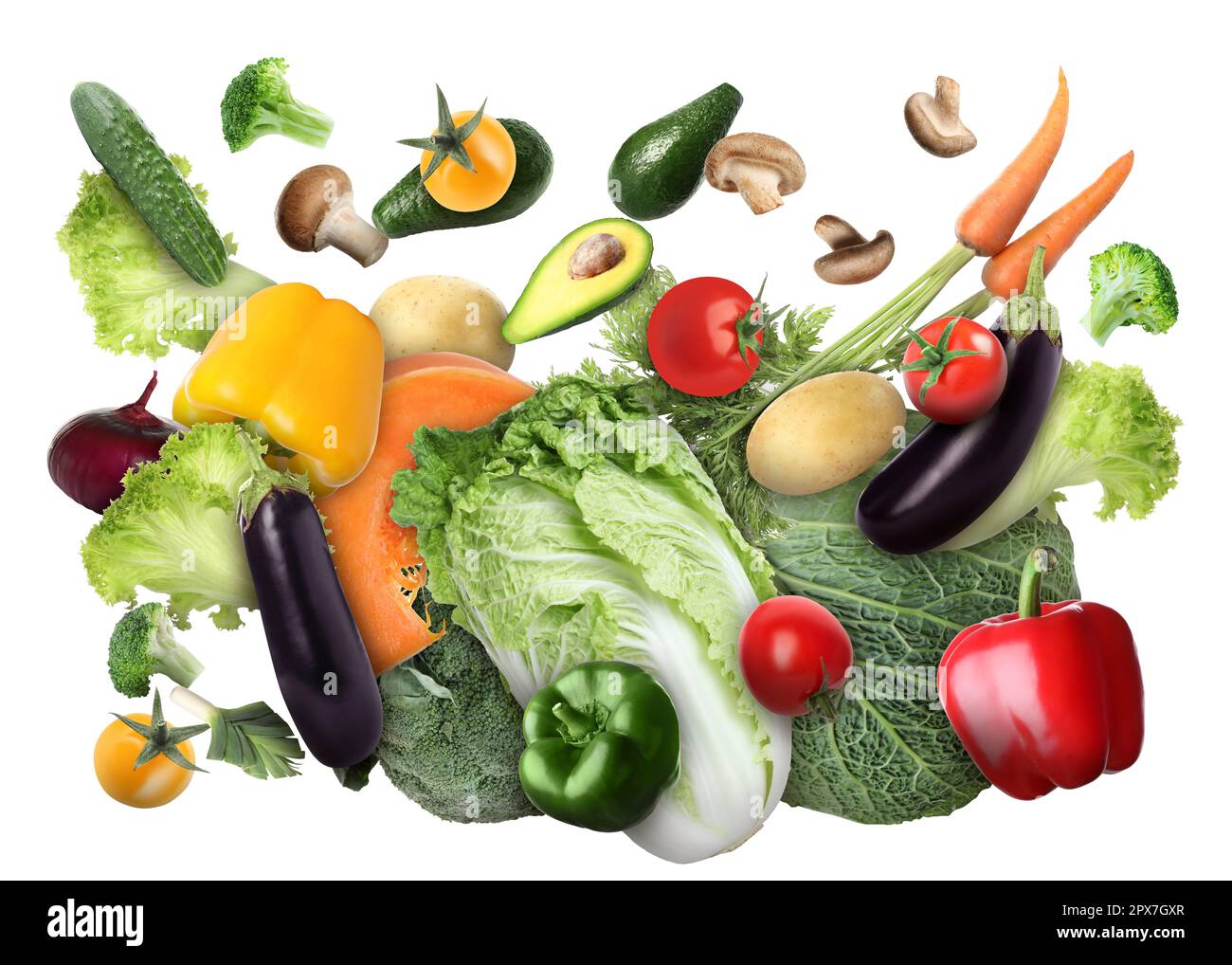 Flying fresh ripe vegetables on white background Stock Photo - Alamy