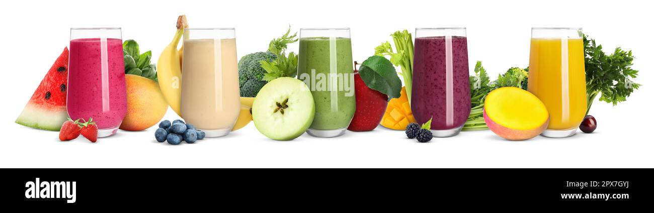 Set with different delicious smoothies in glasses on white background ...