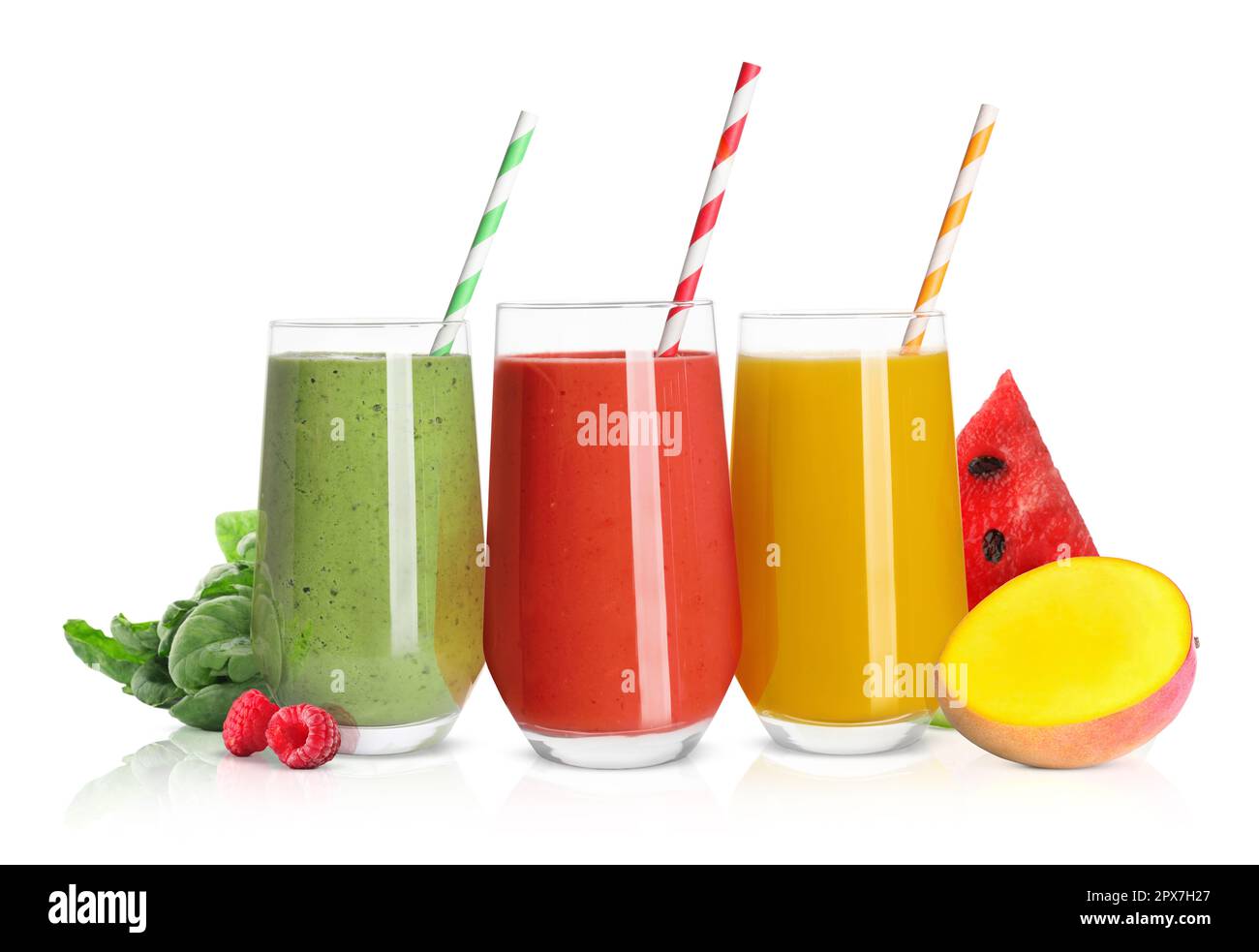 Different delicious smoothies in glasses on white background Stock ...