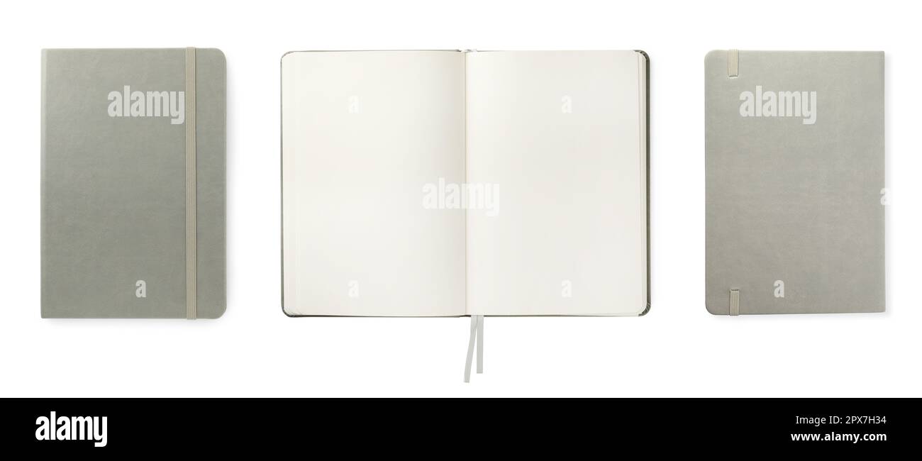 Set with light grey notebooks on white background, top view. Banner ...