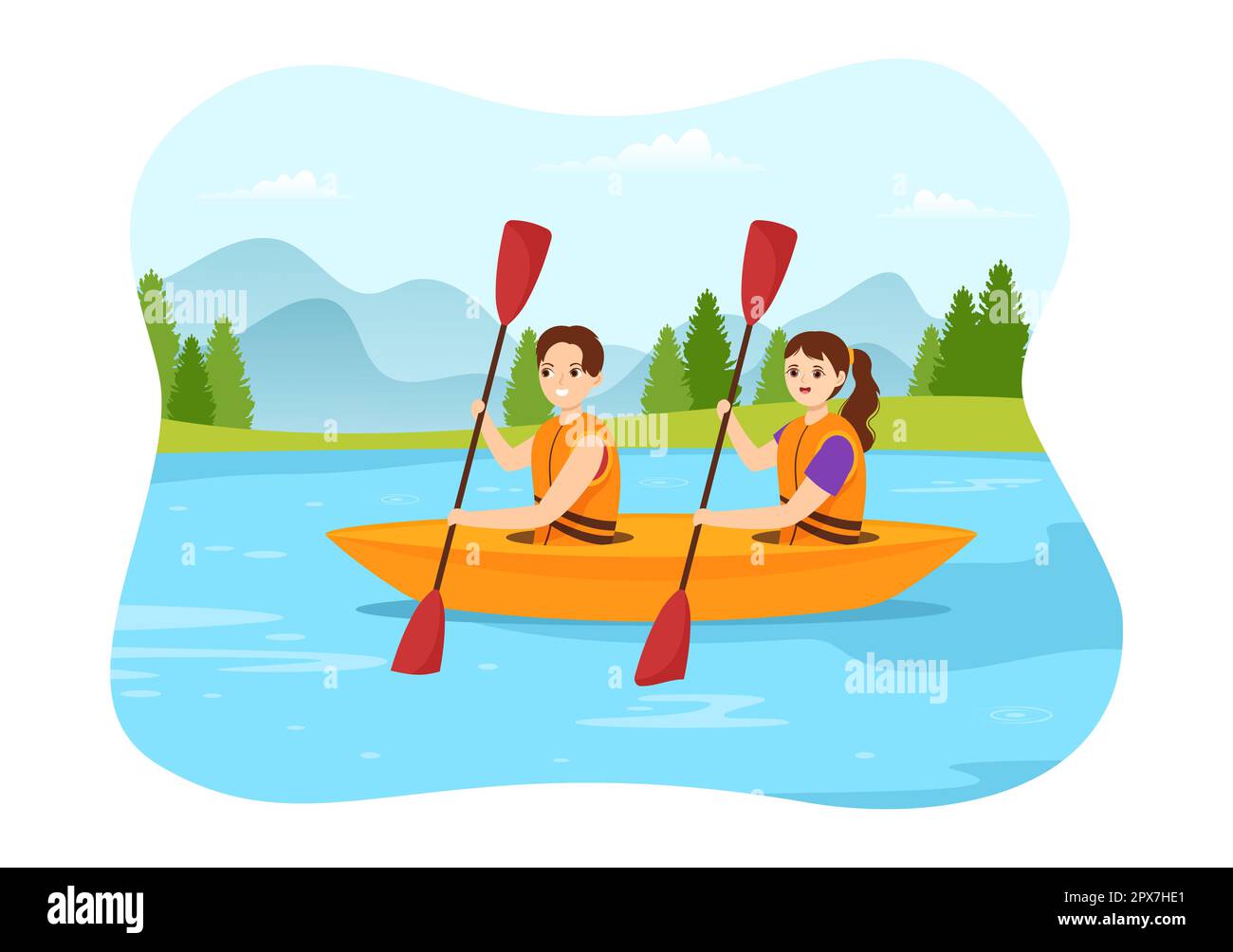 People Enjoying Rowing Illustration with Canoe and Sailing on River or ...