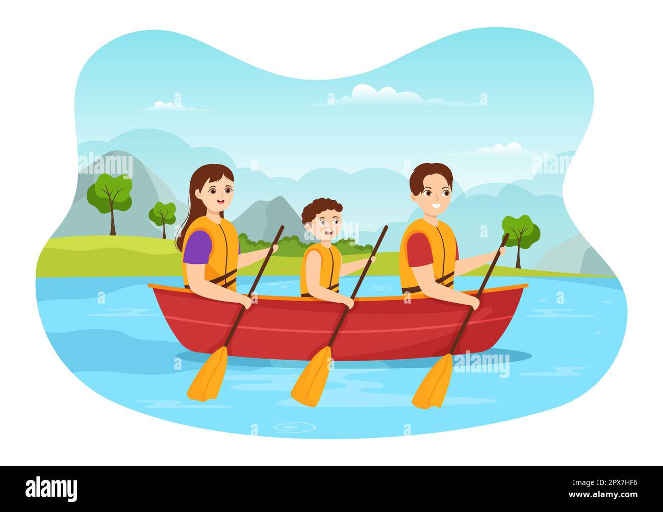 People Enjoying Rowing Illustration with Canoe and Sailing on River or ...