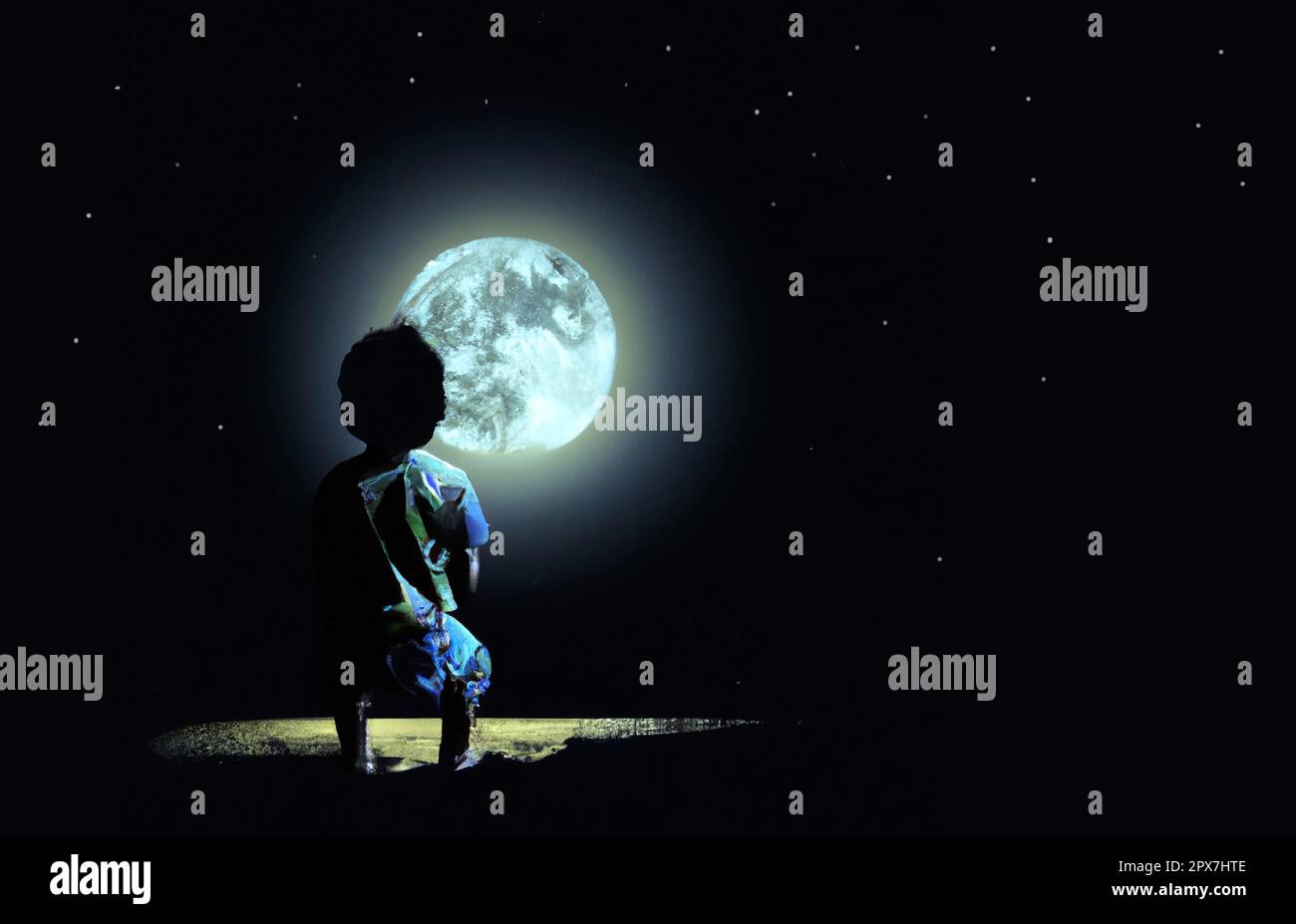 A lonely boy sitting alone looking at the moon in the night sky with ...