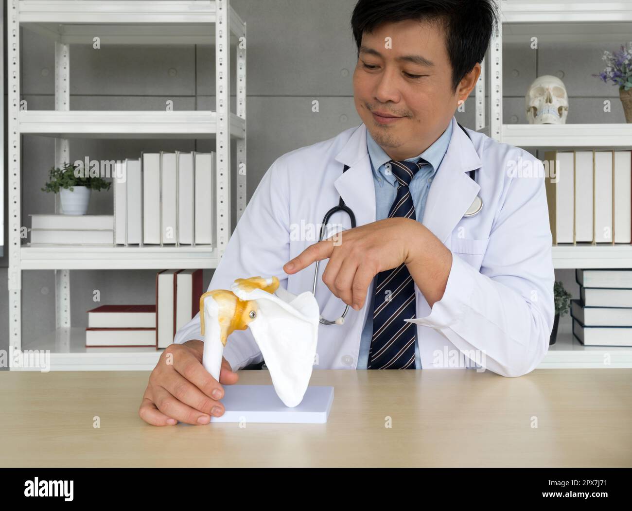 Asian Orthopedic Surgeon in white gown and stethoscope pointing at ...