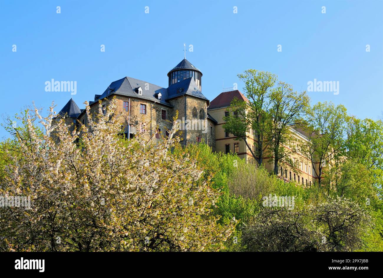 the town Oelsnitz, castle Voigtsberg in spring, Vogtland , Germany ...
