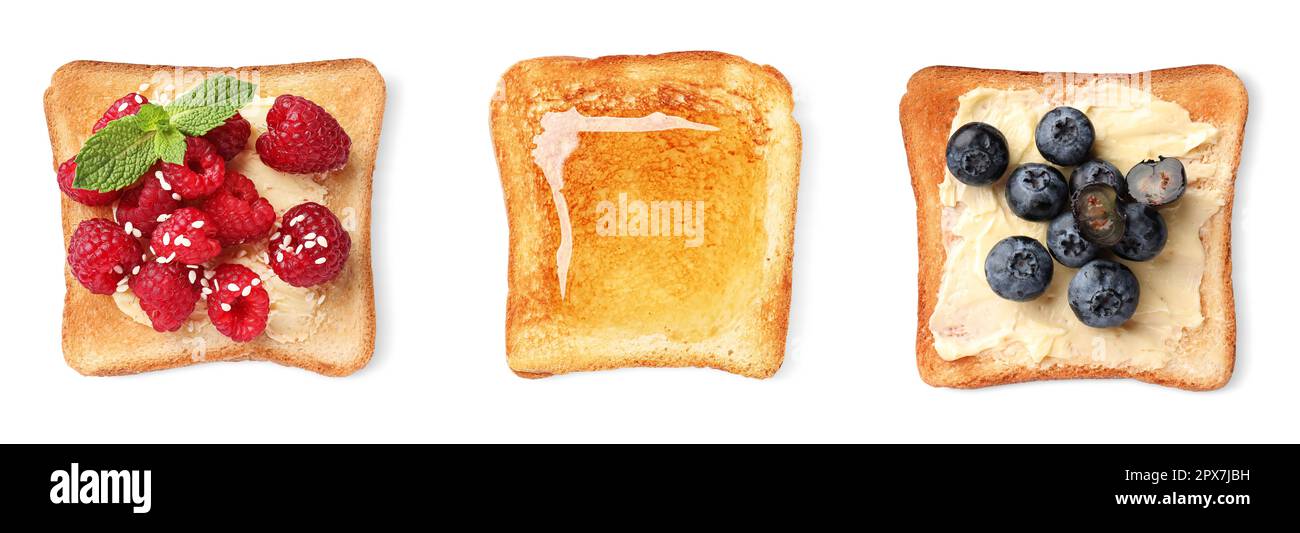 Set of different toasts on white background, top view. Banner design ...