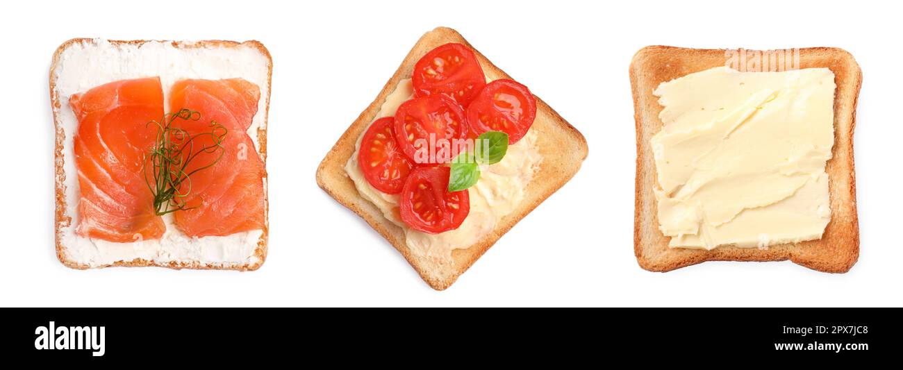 Set of different toasts on white background, top view. Banner design ...