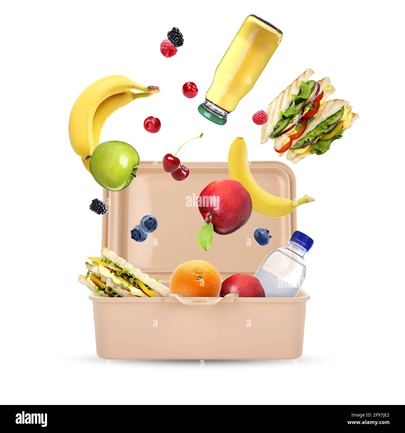 Different fresh food falling into lunch box on light background. School ...