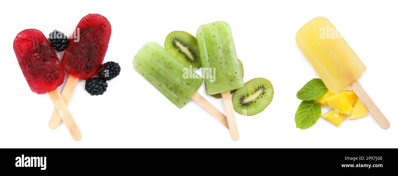 Set with tasty berry ice pops on white background. Banner design Stock ...