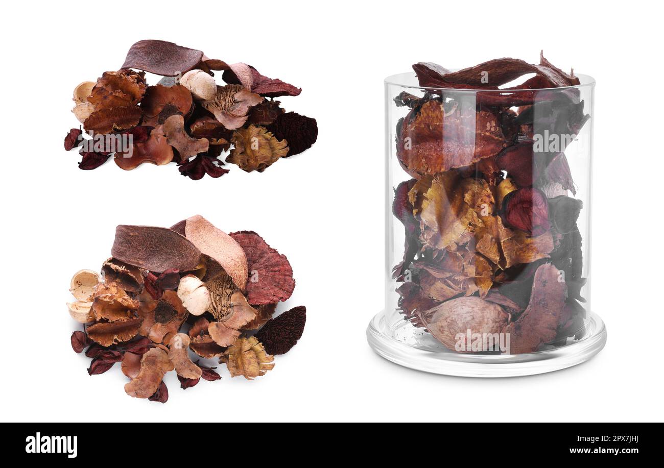 Set with scented potpourri on white background Stock Photo - Alamy