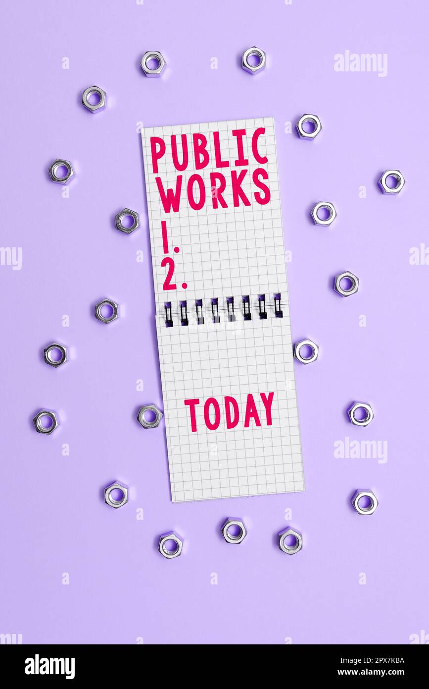 Sign displaying Public Works, Word for Describes the viewing of an ...