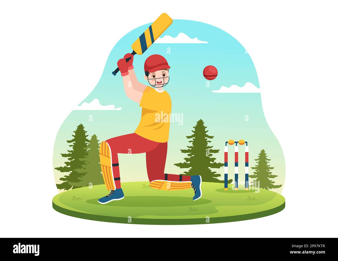 Batsman Playing Cricket Sport Illustration with Bat and Balls in the Field for Championship in ...