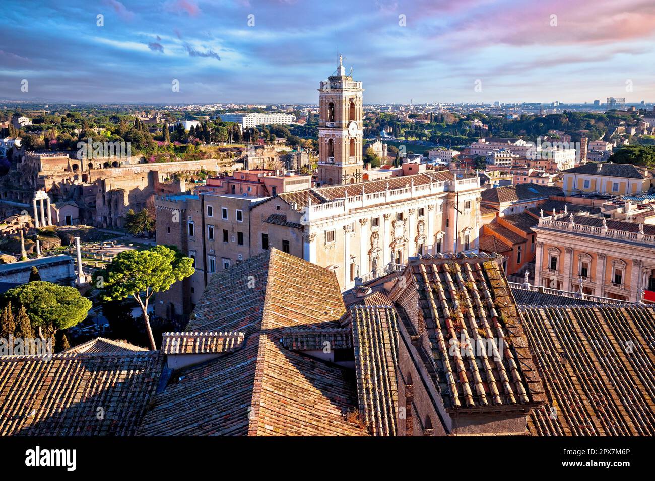 Senatorial Palace and Rome rooftops view from above, eternal city of Rome, capital of Italy ...