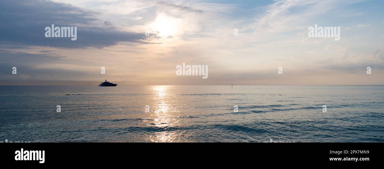 Panorama View Of Sunset Sky In Summer Vacation Skyscape With Ship On
