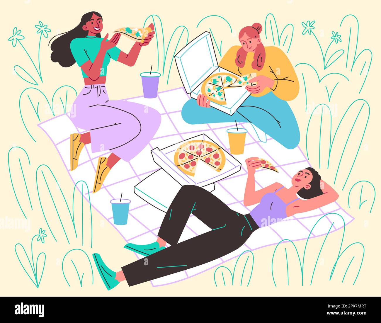 Girls in meadow on blanket eating pizza. Picnic, relaxing in nature ...