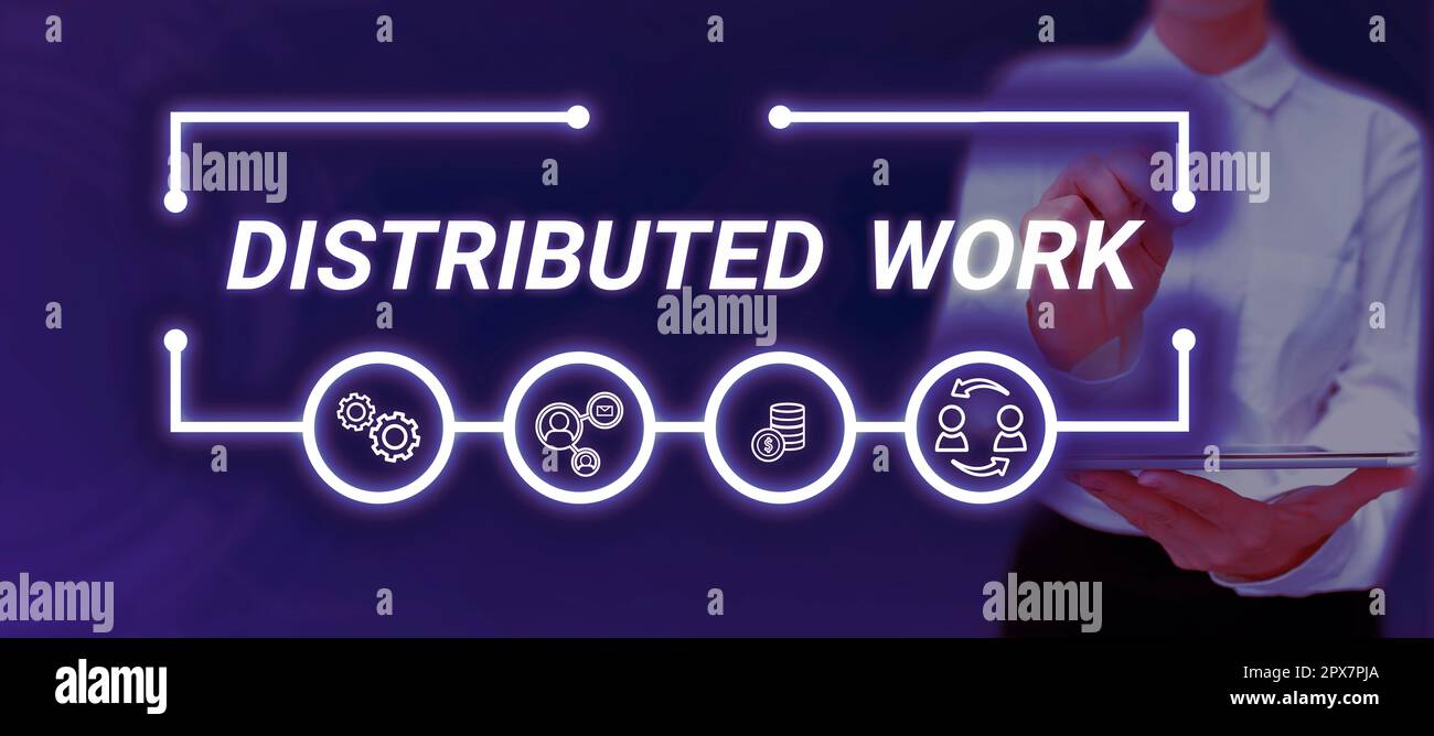 Handwriting text Distributed Work, Business concept practiced by enterprises using network ...