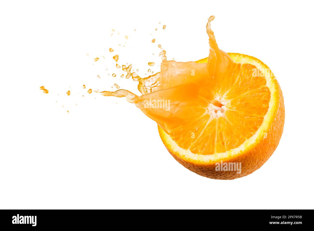 Cut orange slice with splash juice, isolated on white Stock Photo - Alamy