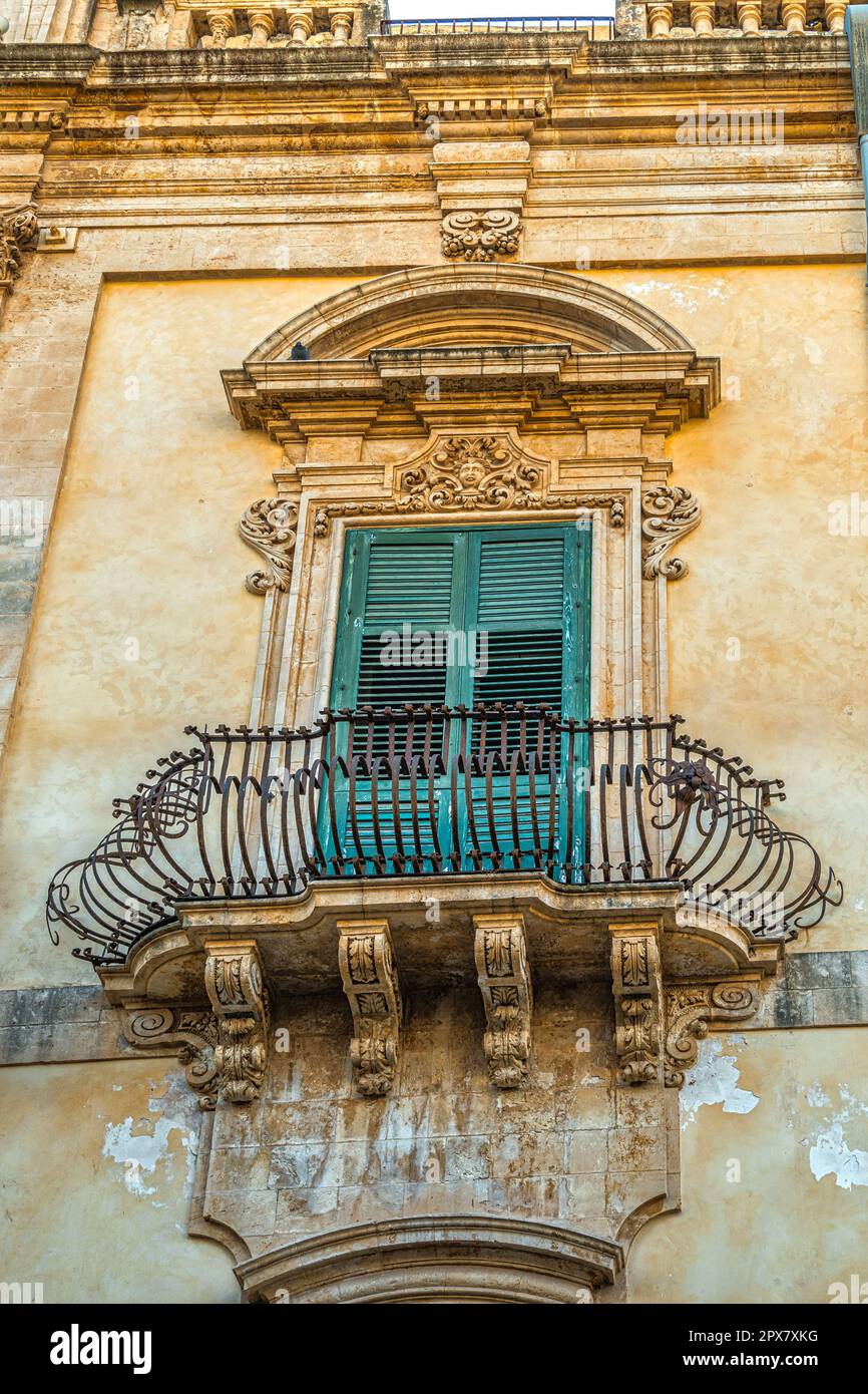 Baroque decorations of the balconies in Noto. Noto, Syracuse province ...