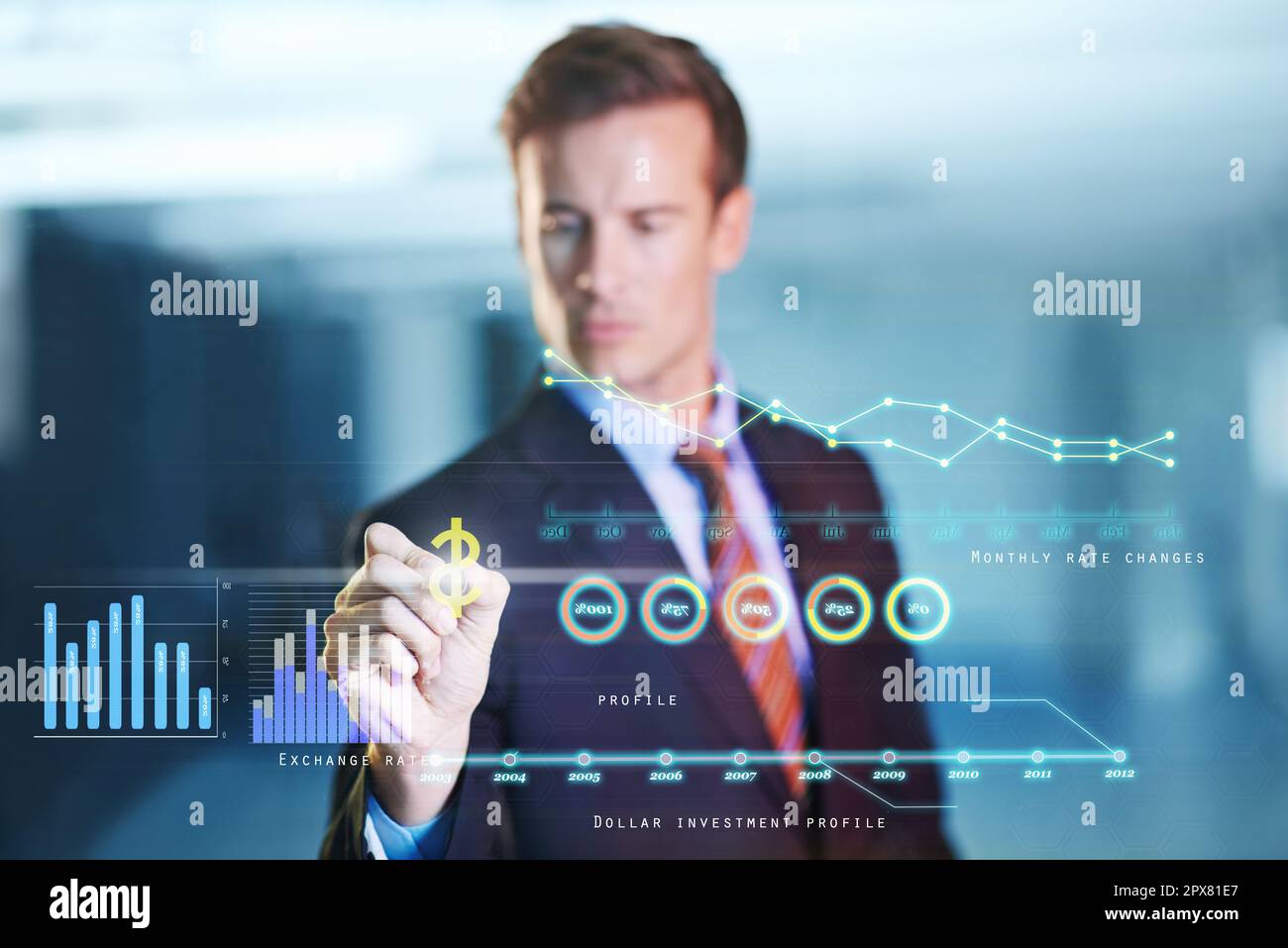 Business, futuristic and man with hologram, digital interface and ...