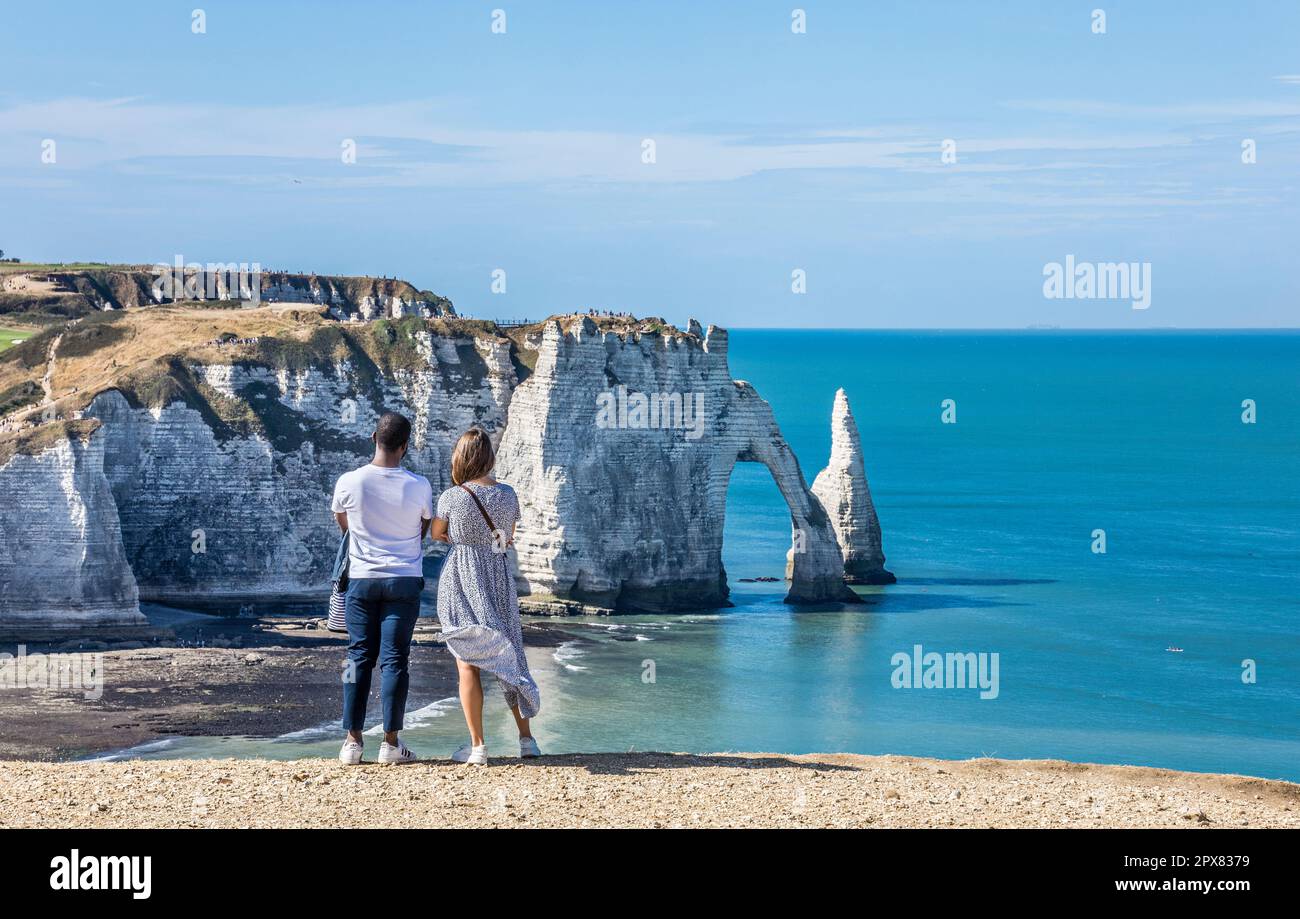 view of the 70m-high chalk cliff of Falaise d'Aval at Étretat on the ...