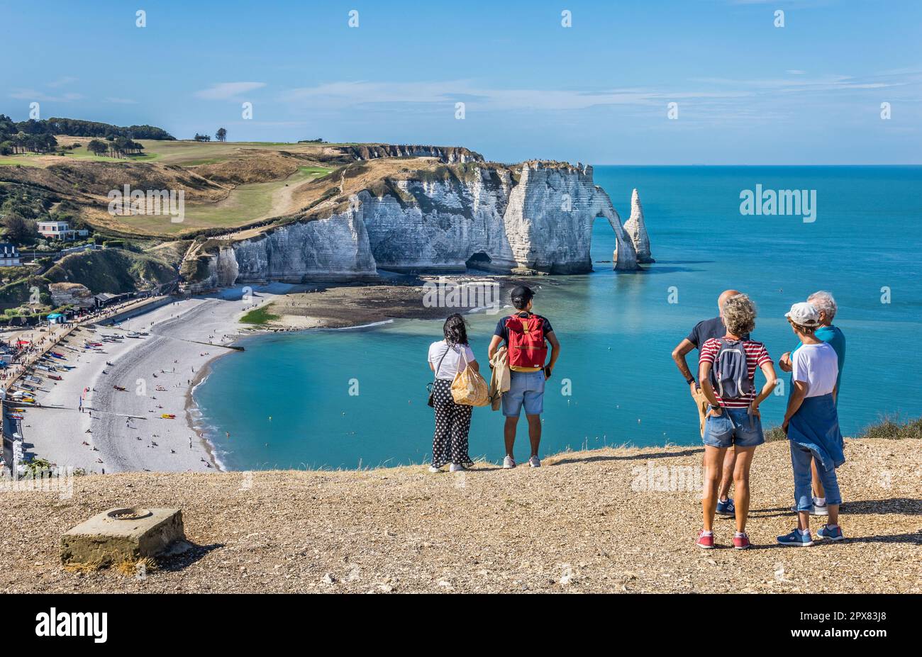 view of the 70m-high chalk cliff of Falaise d'Aval at Étretat on the ...