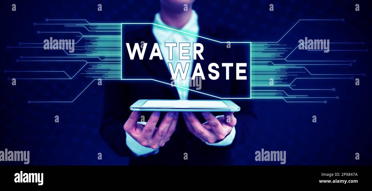 Text caption presenting Water Waste, Concept meaning liquid that has ...