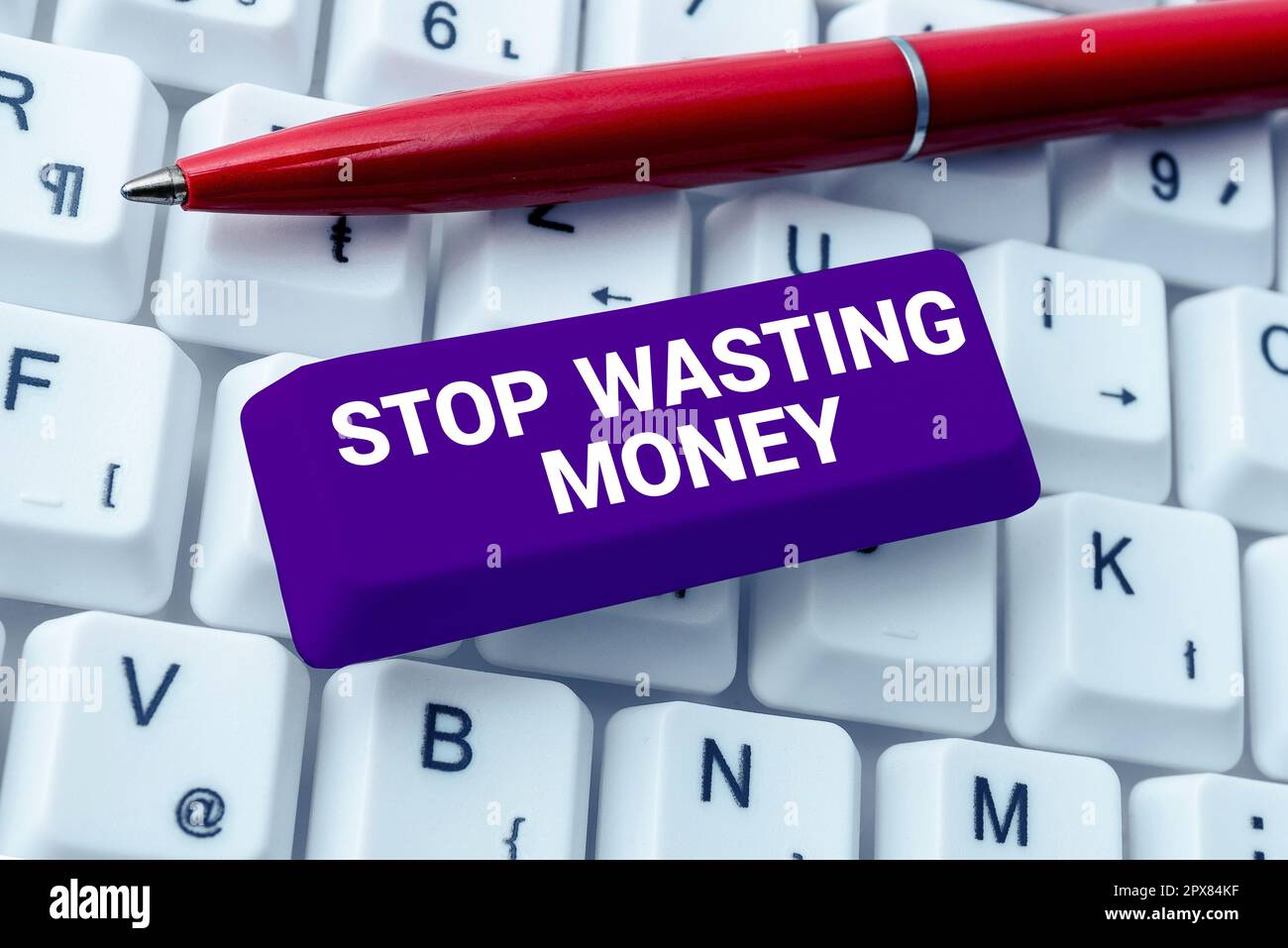 Hand writing sign Stop Wasting Money, Business concept advicing person ...