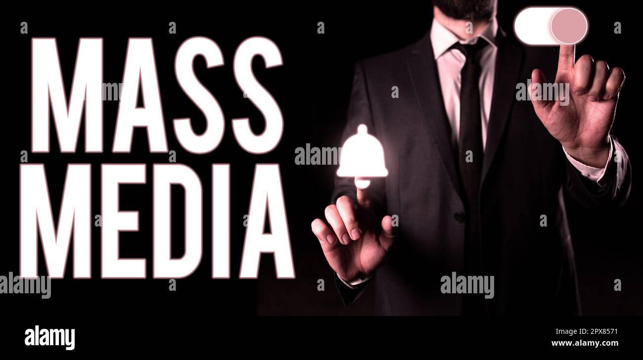 Text sign showing Mass Media, Word for Group people making news to the ...