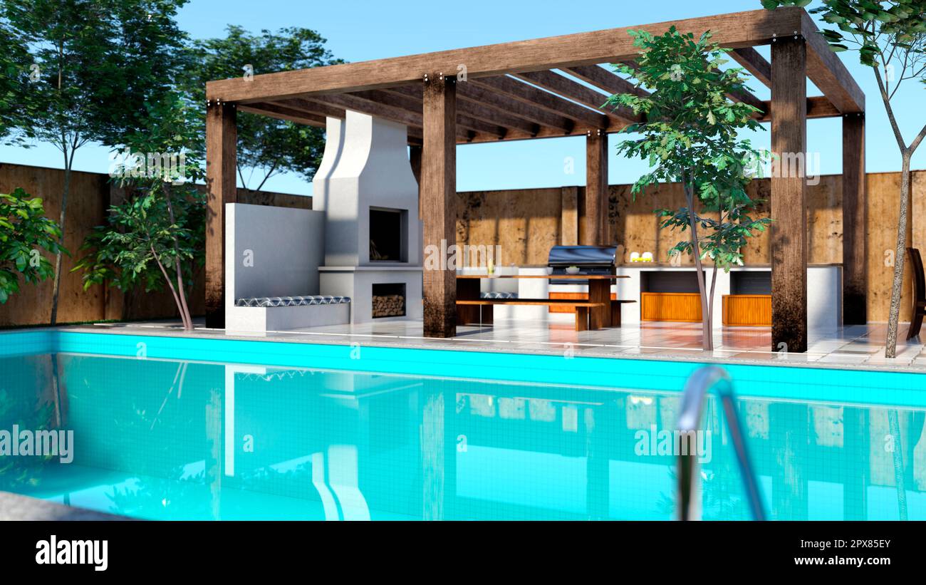 3D rendering of a Mediterranean outdoor kitchen exterior at pool Stock ...