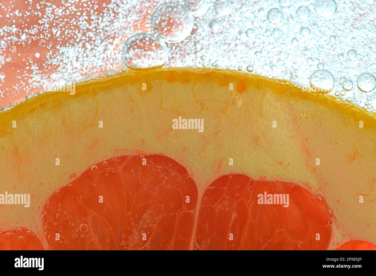 Close-up of fresh grapefruit slice on white background. Slice of red grapefruit in sparkling ...