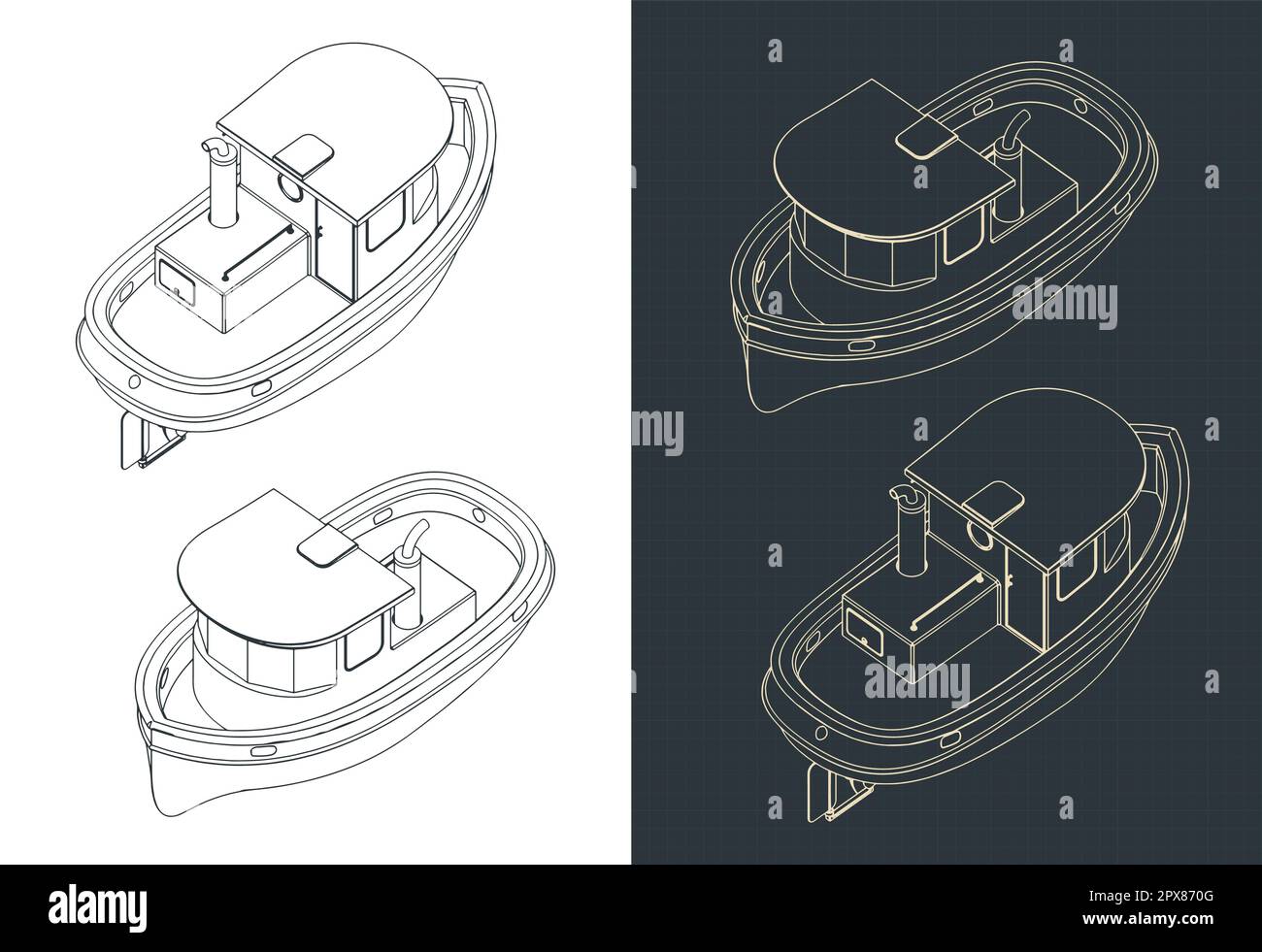 Stylized vector illustration of isometric blueprints of little tug boat ...