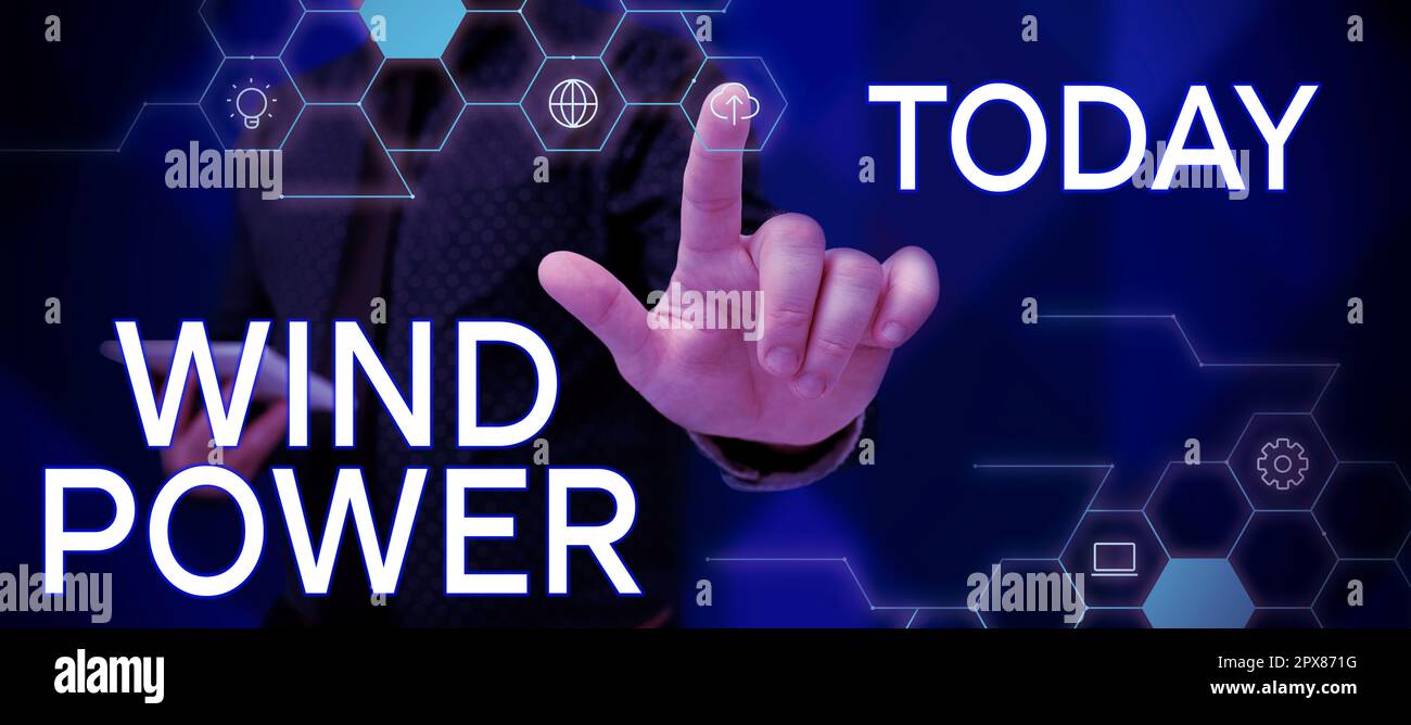 Hand writing sign Wind Power, Word for use of air flow to provide ...