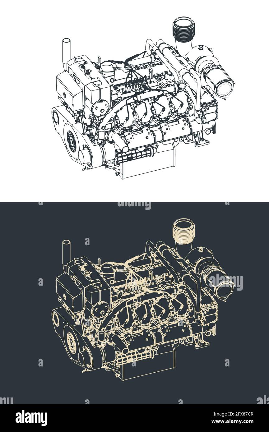 Stylized vector illustration of blueprints of heavy duty marine diesel ...