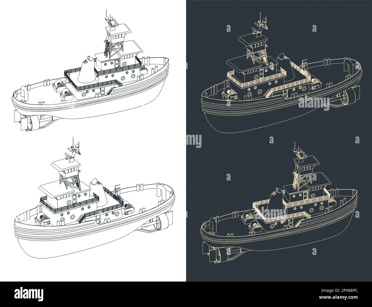 Stylized vector illustration of isometric blueprints of tug boat Stock ...