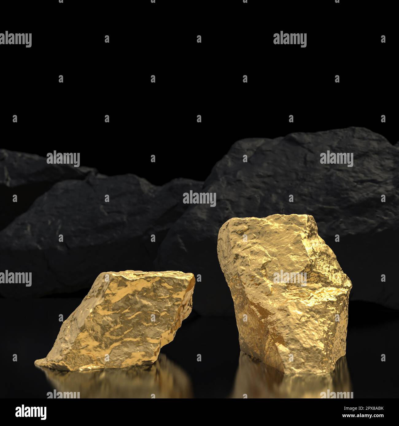 gold and black rocks, natural pedestals, luxurious background. 3d ...