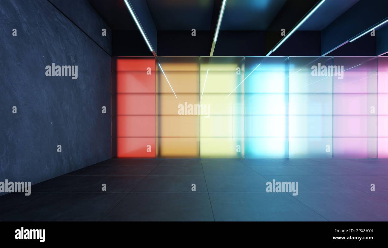 Beautiful translucent colorful glass wall interior design space. 3D ...