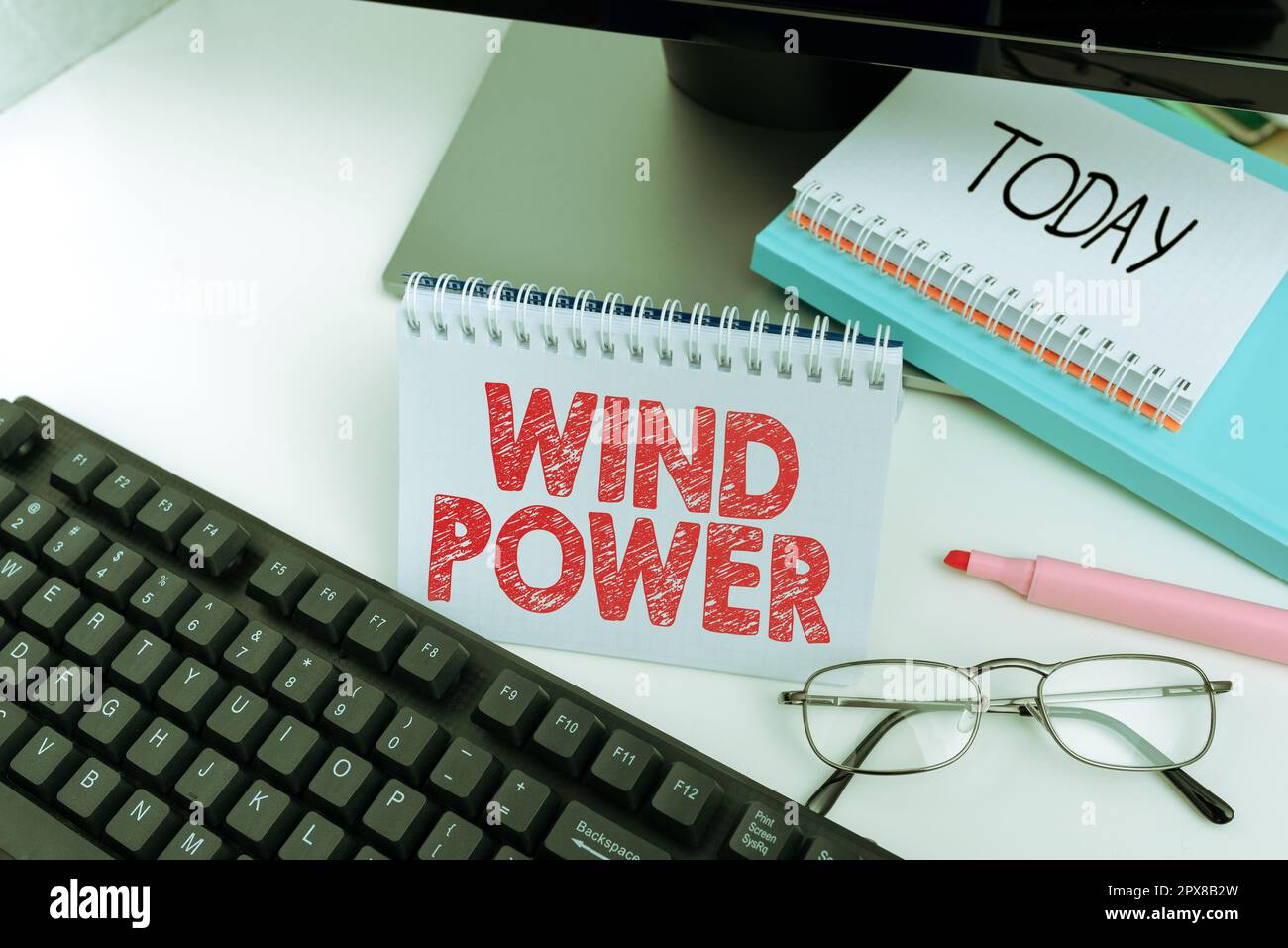 Text caption presenting Wind Power, Conceptual photo use of air flow to ...
