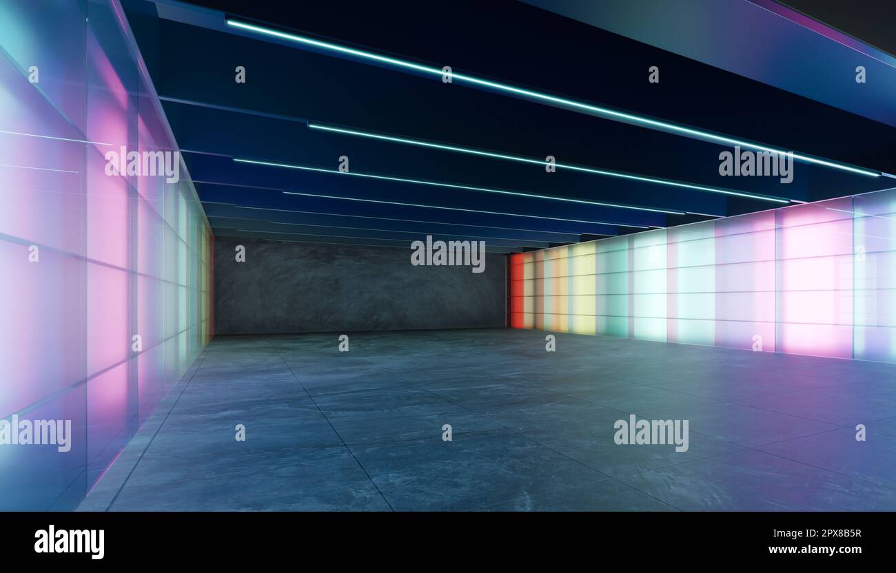 Beautiful translucent colorful glass wall interior design space. 3D ...