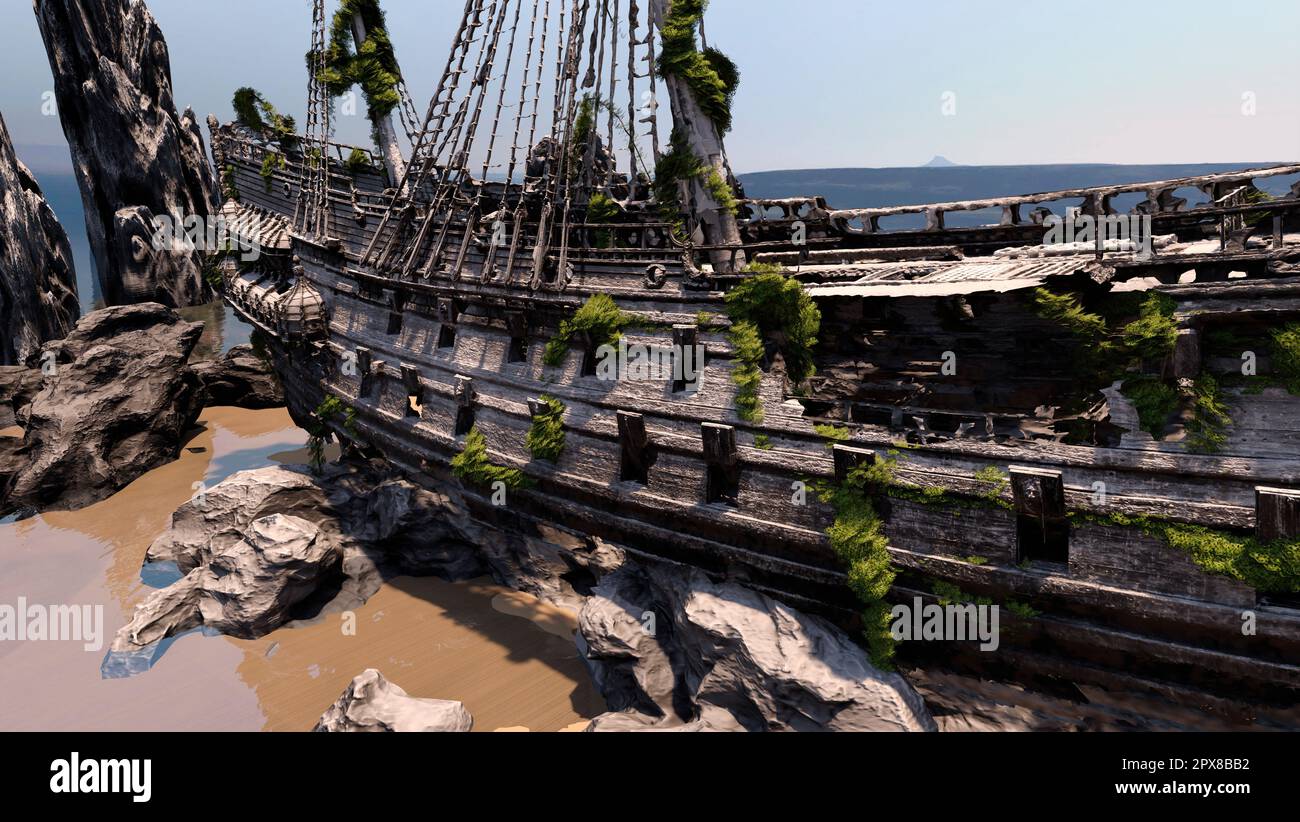 3D rendering of a wreck of a pirate ship on a coast Stock Photo - Alamy