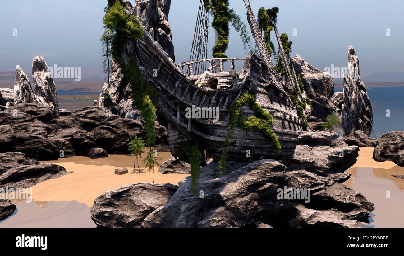 3D rendering of a wreck of a pirate ship on a coast Stock Photo - Alamy