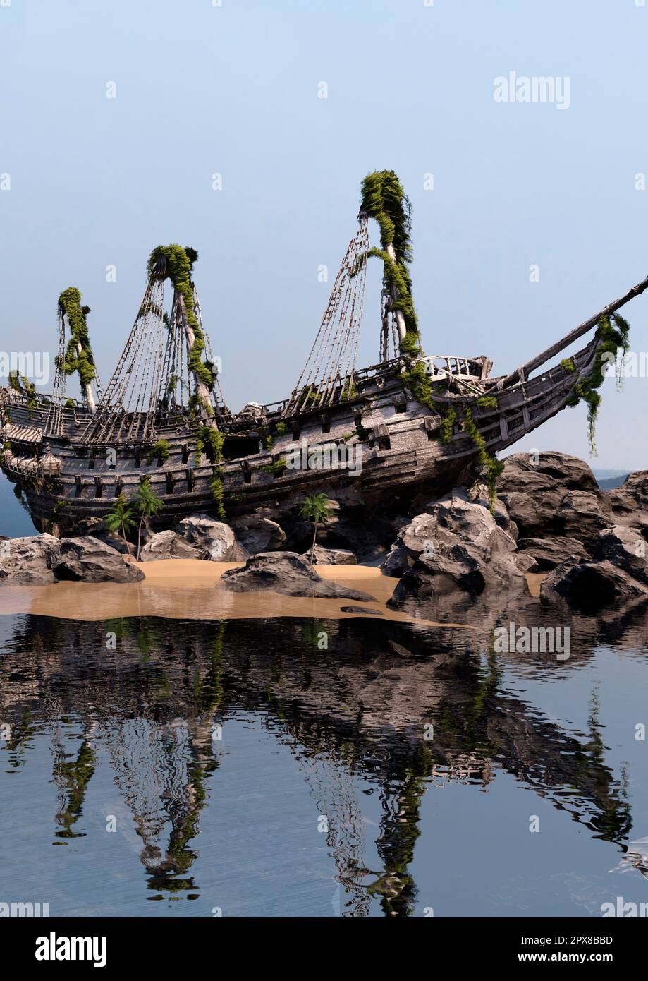 3D rendering of a wreck of a pirate ship on a coast Stock Photo - Alamy