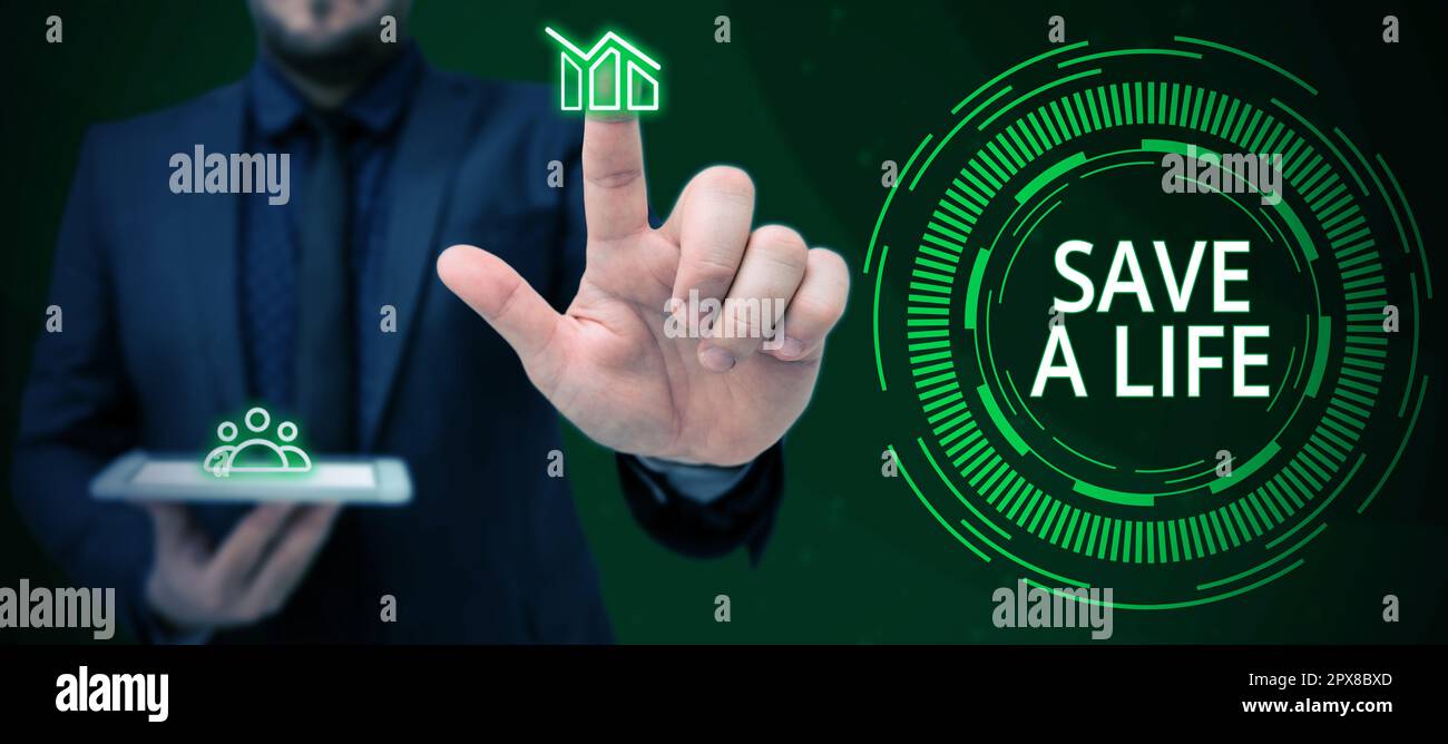 Conceptual caption Save A Life, Business showcase Help assistance ...