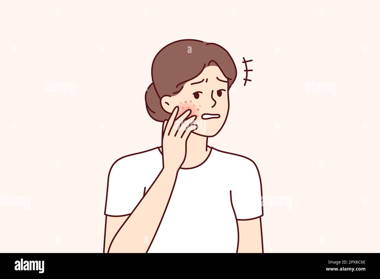 Unhappy woman gets frightened after seeing redness on face suffering ...