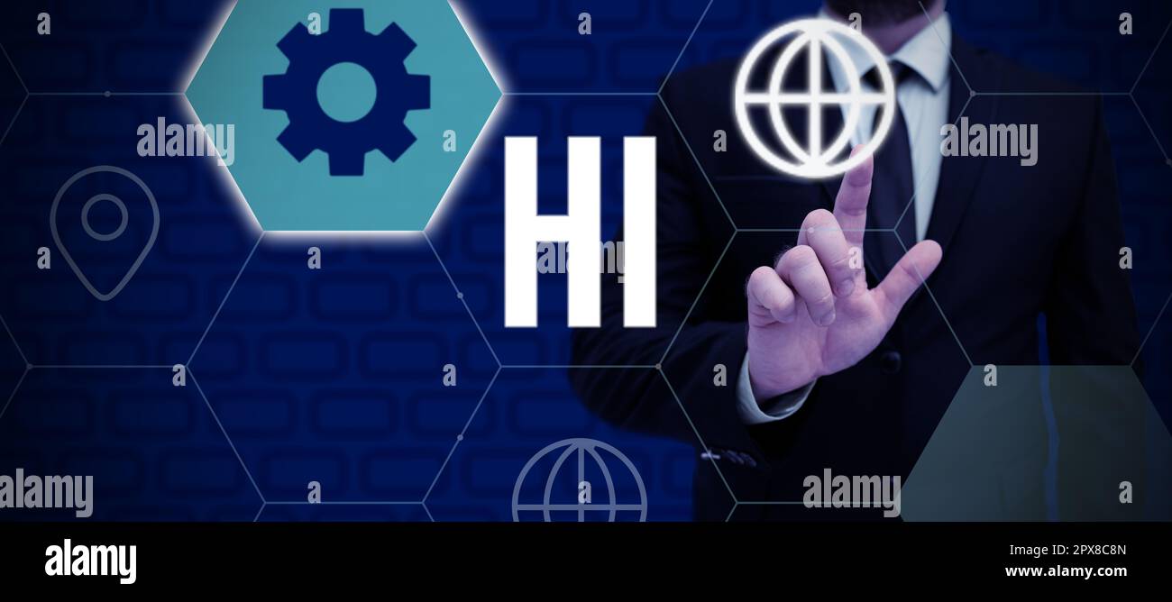 Hand writing sign Hi, Business concept used as a greeting or to begin a ...