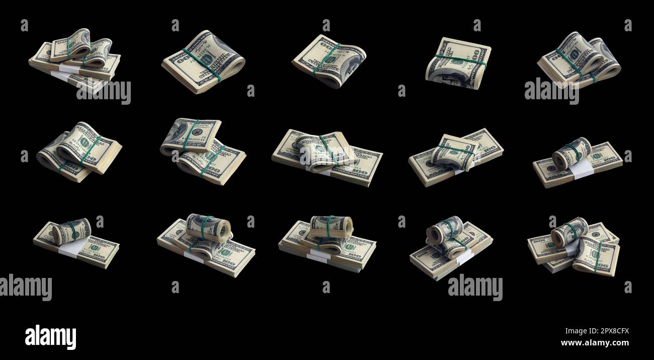 Big set of bundles of US dollar bills isolated on black. Collage with ...