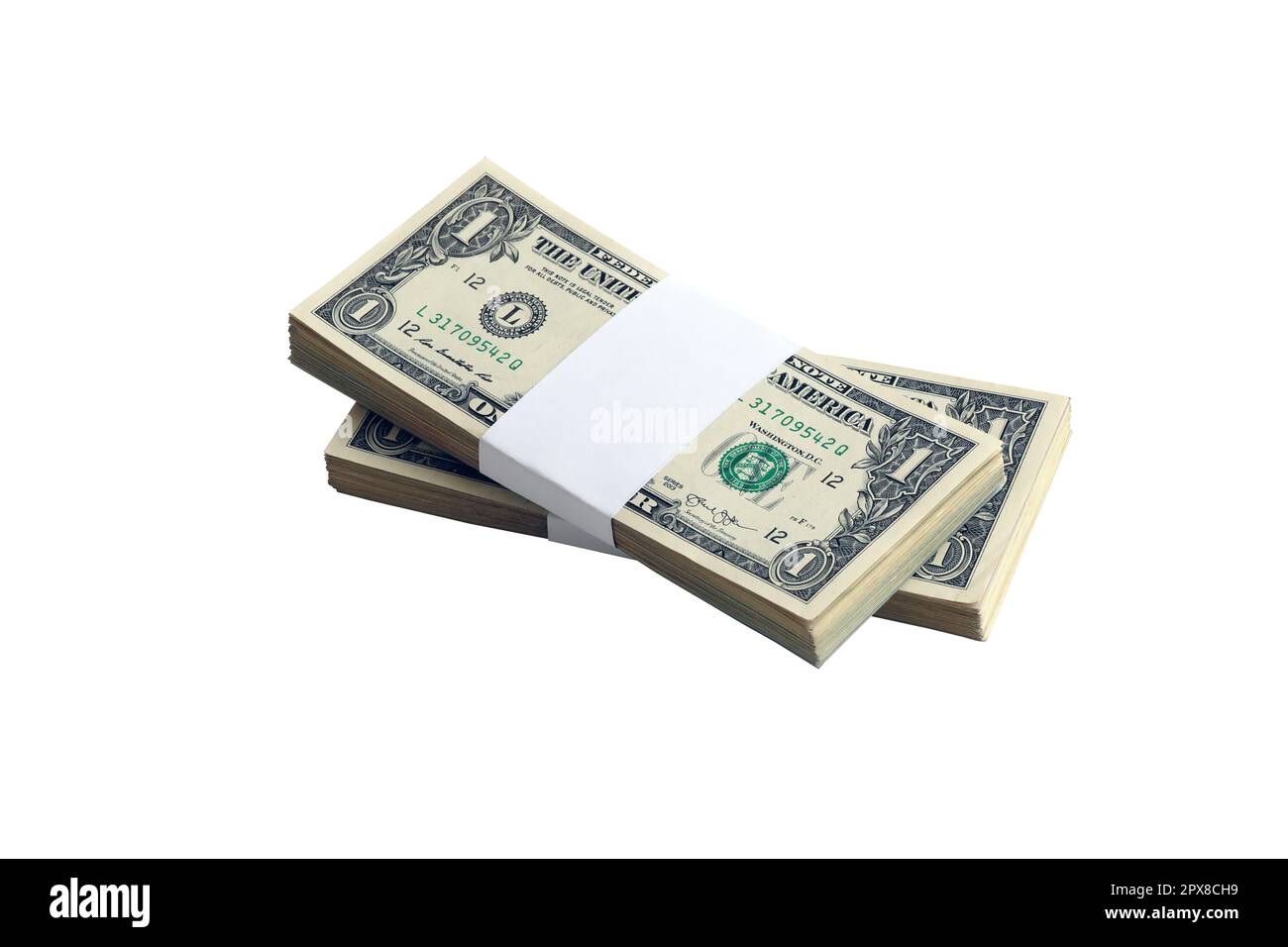 Bundle of US dollar bills isolated on white. Pack of american money ...