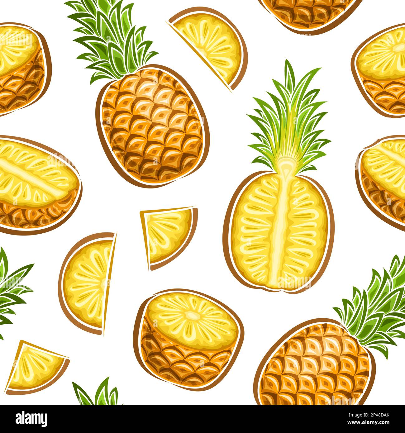 Vector Pineapple Seamless Pattern, repeating background with illustrations of ripe chopped ...